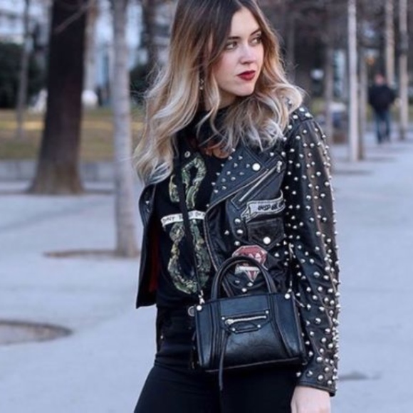 Zara | Jackets & Coats | Nwt Zara Leather Studded Patch Tiger Moto ...